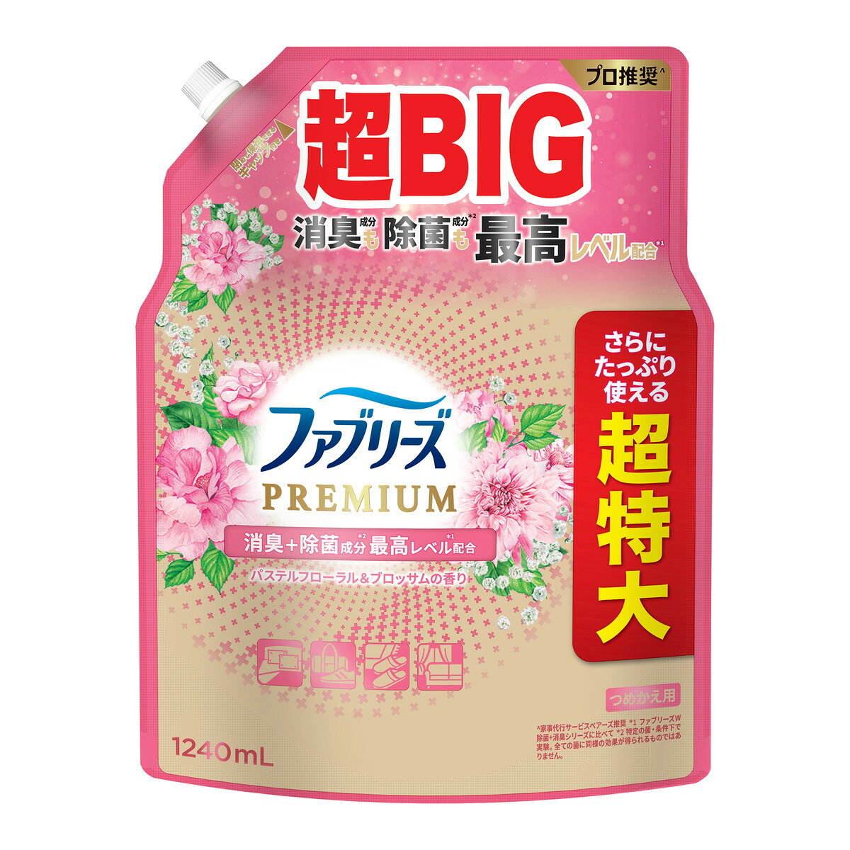 商品名：P&G ファブリーズ W除菌 + 消臭 プレミアム パステルフローラル&ブロッサムの香り つめかえ用 超BIG 1240mL 衣類・布製品消臭剤内容量：1240mLJANコード：4987176305657発売元、製造元、輸入元又は販...