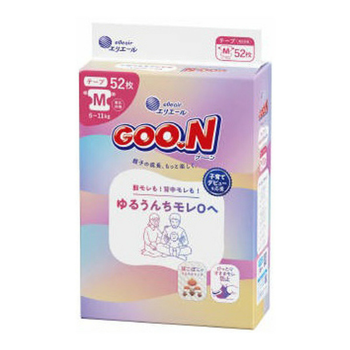 商品名：グーン ゆるうんちモレ0へ Mサイズ テープ 52枚 こども用紙おむつ内容量：52枚JANコード：4902011124316発売元、製造元、輸入元又は販売元：大王製紙原産国：日本商品番号：101-r002-4902011124316...