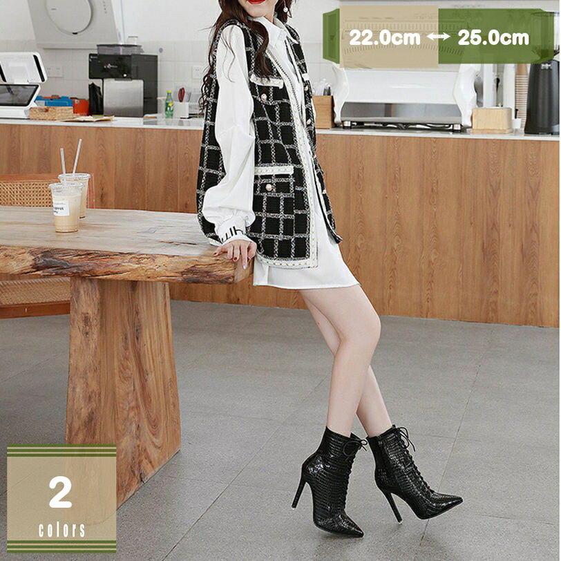 表地：puメイン素材：pu●ヒールの高さ：10 cm【レースアップ仕様】レースアップ付きだから、忙しい時でも簡単に脱ぎ履き出来ちゃいます。♪シンプルなデザインでお洋服を選ばずどんなコーディネートにもピッタリのレディース ショートブーツ。●【...