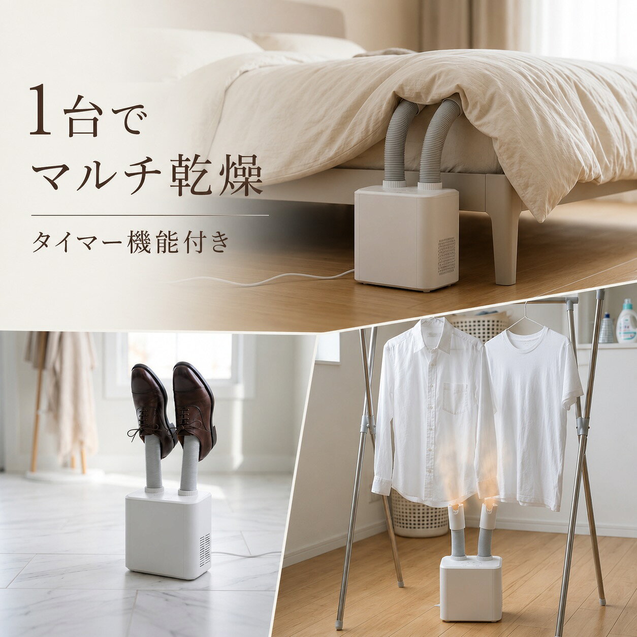 商品説明ダブルノイズのシューズドライヤーです。夜セット朝乾燥済みタイマーをセットするだけで自動オフ。就寝前にセットすれば、翌朝には乾いた靴が待っています。湿気も臭いも同時解消温風循環と活性炭配合で抗菌・消臭。雨の日も洗い後も、湿気とニオイを...