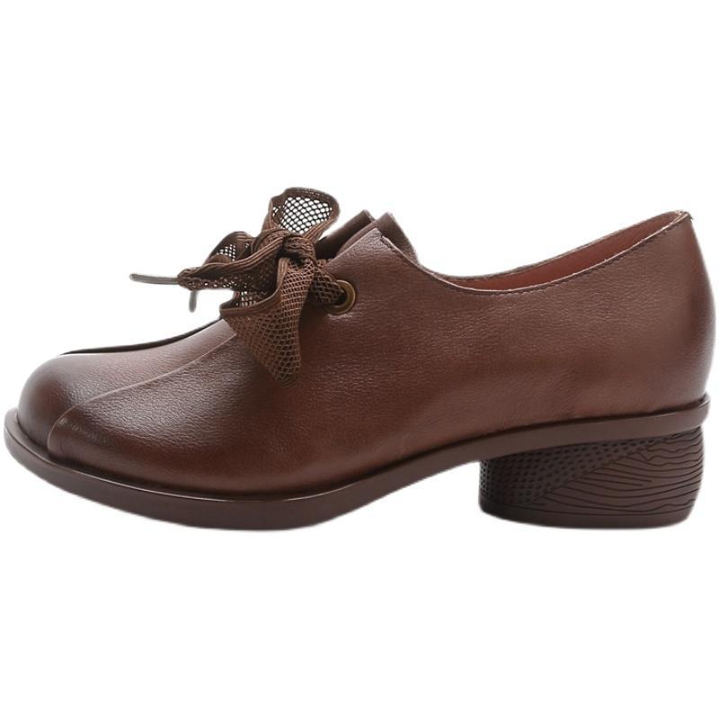 ローヒール レディース シューズ 太ヒール オールシーズン 立ち仕事 大人 リボン かわいい 上品 歩きやすい 柔らかい 牛革 黒 茶色つま先: ラウンドトゥソール素材: ラバー表面素材：第一層牛革