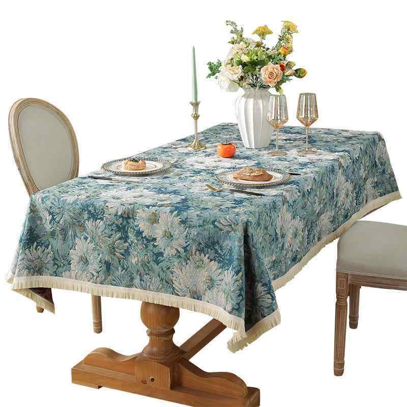 テーブルクロス エスニック 布 綿 リネン 机 デスク キッチン リビング ホームパーティー カバー おしゃれ インテリア レトロ 北欧 長方形 油絵風 花 フリンジ タッセル 青 緑