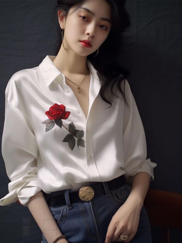 サテン ブラウス 光沢 レディース 長袖 襟 シングルブレスト ボタン シャツ ゆったり 普段使い プリント 花柄 大人 上品 エレガント 白