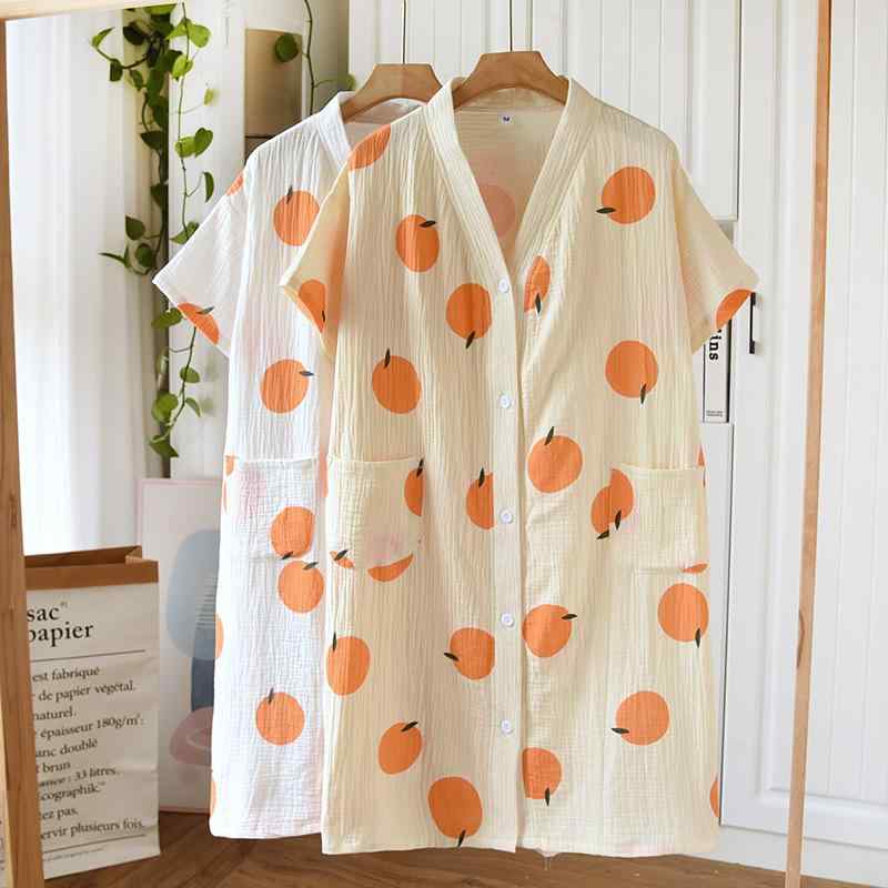 ・主な素材: 綿100%・スタイル: シンプルカジュアル・ネックライン: Vネック・厚さ: 薄手・機能: 睡眠、バスローブ、ルームウェア・対象: 女性・カラー展開: オレンジ、イエロー、ホワイト・サイズ展開: M、L、XL