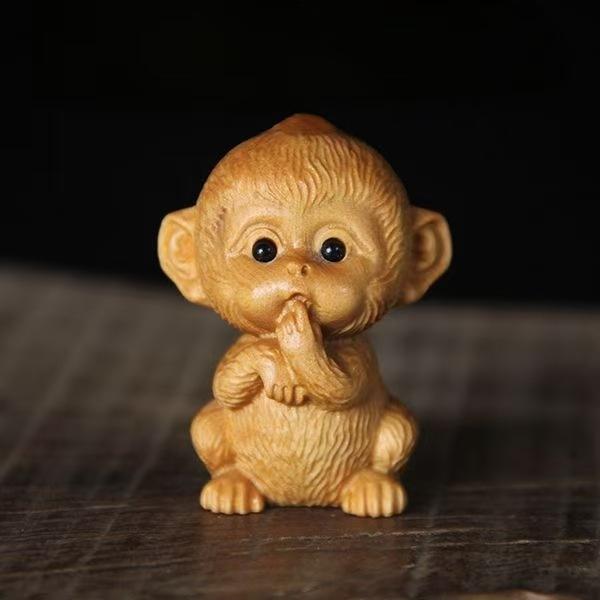 ・デザイン展開: 崖柏製手食い子猿6.5cm（大）, 崖柏製手食い子猿約4cm（言わざる）・素材: 柏木・スタイル: 新中華風・工芸: 彫刻、研磨