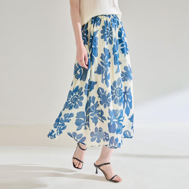 ・カテゴリ: スカート・スタイル: エレガント通勤・主な素材: 苧麻95%以上・柄: 植物花柄・加工: プリント・スカートタイプ: Aライン・スカート丈: ミディ丈・カラー: ブルー系花柄・サイズ展開: S、M、L、XL