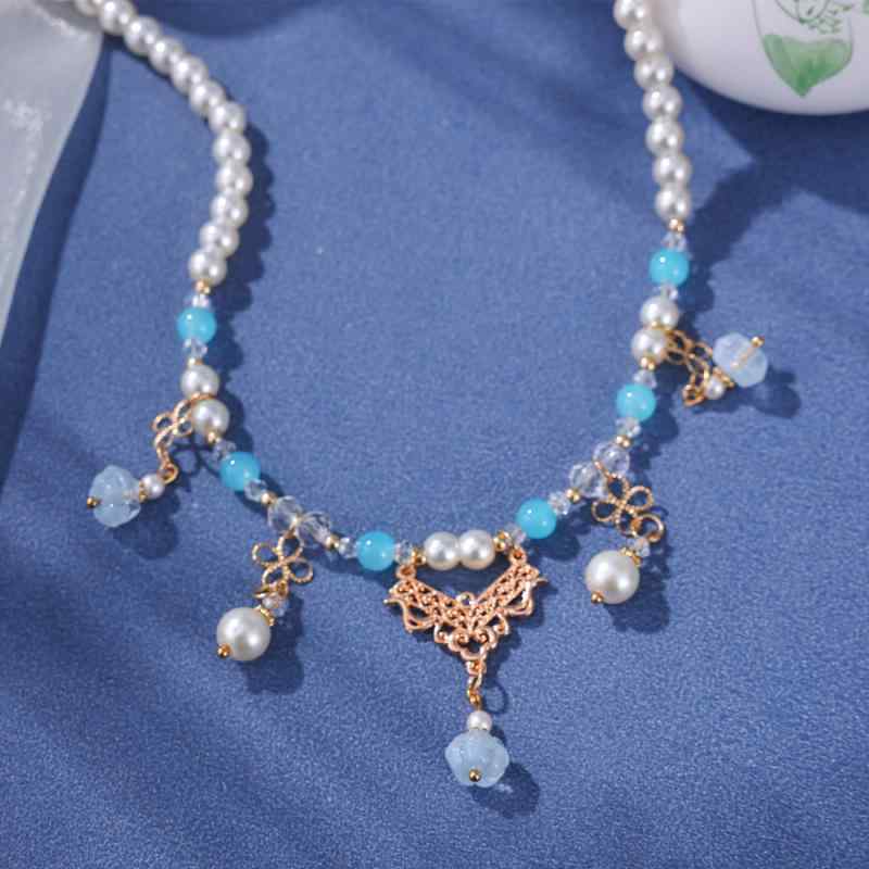 ・カテゴリ: ネックレス・スタイル: 古風・スタイルカテゴリ: 文芸レトロ・対象: 女性・素材: フェイクパール・ペンダント素材: 合金・チェーンスタイル: 丸玉チェーン・モチーフ: 植物花卉・加工方法: 手作業・カラー: ブルー・周囲: ...