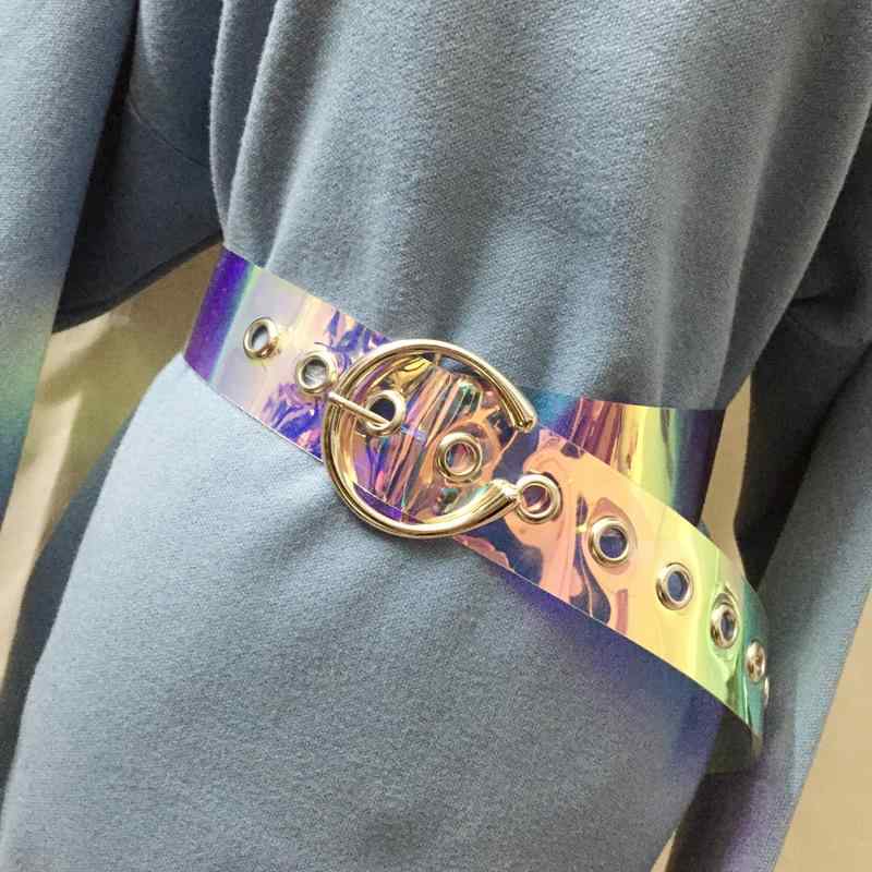 ・カテゴリ: ベルト・性別: レディース・対象年齢: 大人・素材: PVC・カラー展開: 金色バックルオーロラ、銀色バックルオーロラ、金色バックルクリア、銀色バックルクリア