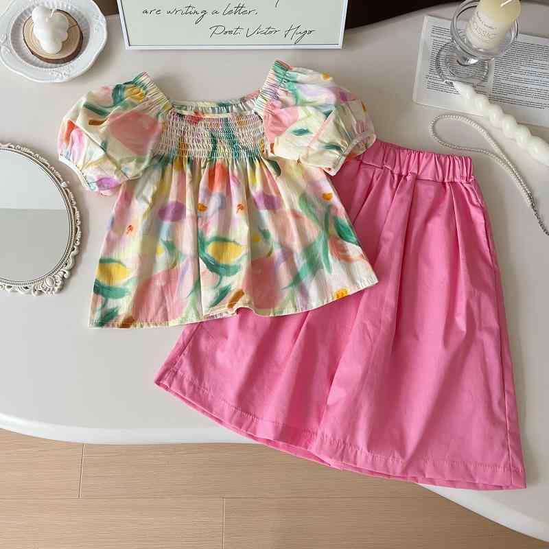 ・カテゴリ: 子供服セット・対象: 女の子・スタイル: 韓国風・セットタイプ: パンツセット・セット点数: 2点セット・主な素材: 綿85%・袖丈: 半袖・パンツ丈: 七分丈・厚さ: 薄手・カラー: ピンク・サイズ展開: 90cm、100c...