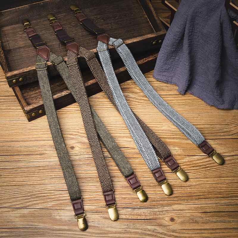 ・素材: ゴム・クリップ数: 4個・長さ調節: 可能・伸縮性: 強・デザイン: クロスバック・対象年齢: 大人・性別: ユニセックス・カラー展開: イエローブラウンヘリンボーン、グレーヘリンボーン、ファインチェック