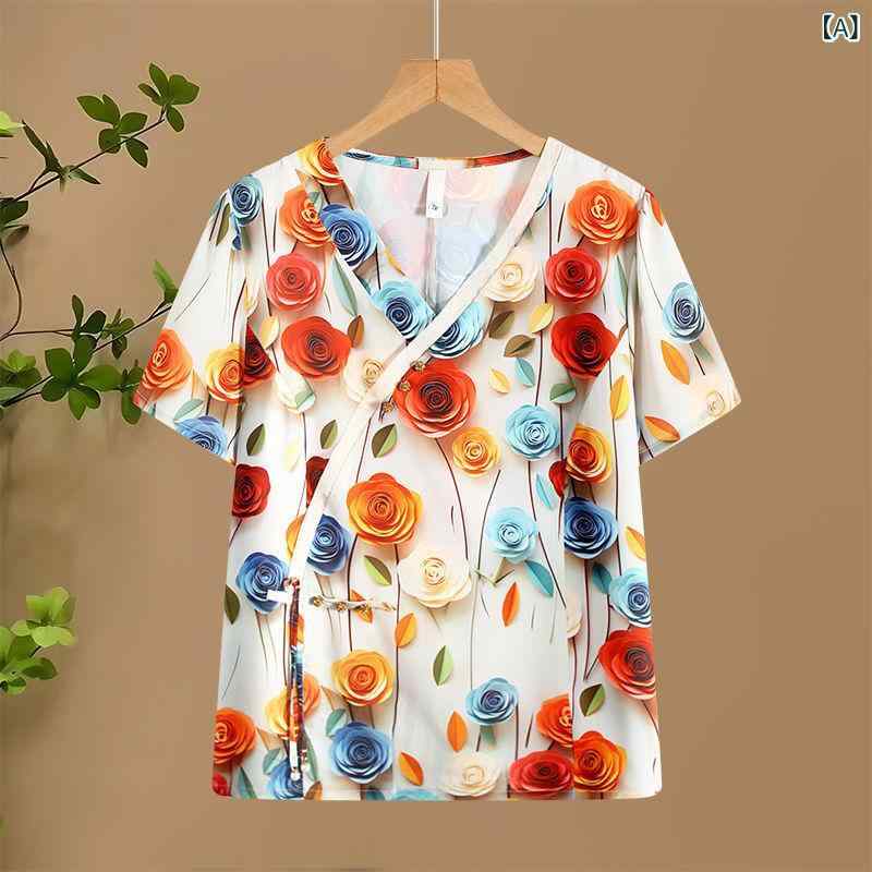 ・カテゴリ: Tシャツ・スタイル: 文芸レトロ、チャイナ風・主な素材: ポリエステル95%以上・袖丈: 半袖・着丈: 普通丈 (約50〜65cm)・ネックライン: Vネック・袖タイプ: レギュラー・柄: 3Dプリント・カラー展開: ローズ、...