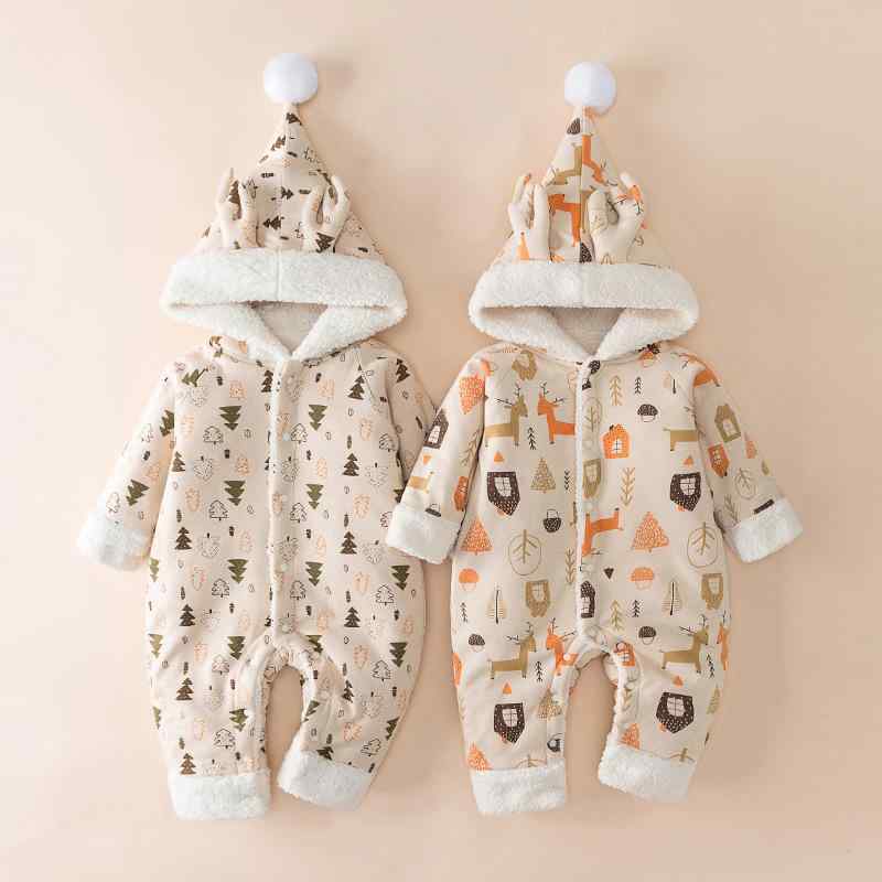 ・カテゴリ: ロンパース・性別: ユニセックス・袖丈: 長袖・フード: フード付き・厚さ: 厚手・主な素材: 綿95%・スタイル: 韓国風・カラー展開: 小鹿柄、小樹柄・適合身長: 60-70cm (3-6ヶ月)、70-80cm (6-9ヶ...