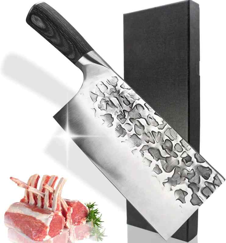 Irai Utaki 中華包丁 菜切り包丁 手打ち鍛造加工 高炭素ステンレス 鋼 魚、肉、野菜の切りに 持ちやすい天然木柄 家庭、プロ用 両刃仕様