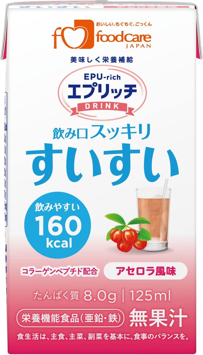 飲みやすいLightな口当たりの栄養補給食品（飲料）です 酸味を効かせて、口当たりは“すっきり”。 無脂肪なので、後味は“さっぱり”。 飲みやすいLightな口当たりです エプリッチドリンクすいすいは、美味しく、簡単にエネルギー、たんぱく質...