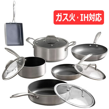 大人気ダイヤモンドコートパンシリーズにスタイリッシュなカラーが登場。充実の10点セット。アルミのような高級な質感でおしゃれな雰囲気に。ステンレスの持ち手で雰囲気をぐっと引き締めます。モダンでシンプルなシルバーと華やかで上品なブロンズの2色展...