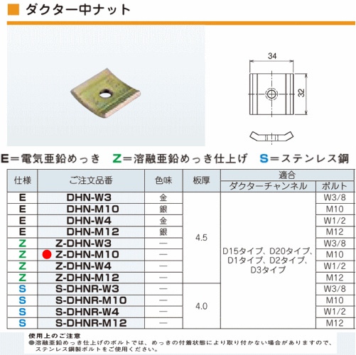 商品説明 ※写真はシリーズの代表例です。 ◆数量：10個 ◆適合ボルト：M10 ◆適合ダクターチャンネル： D15タイプ・D20タイプ・D1タイプ・D2タイプ・D3タイプ ◆板厚：4.5 ◆仕様：溶融亜鉛めっき仕上げ[重要]ご注文前に必ずご...