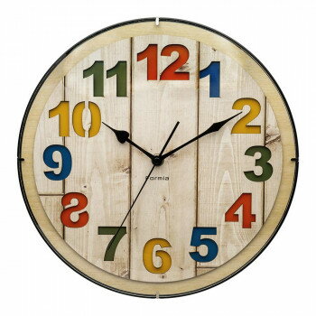 木目調の文字盤デザインがおしゃれな壁掛け時計です。秒針は、コチコチと音がならない静かな連続秒針です。ウッド調のプリントとポップなカラーが、お部屋のアクセントになります。サイズ約Φ307×50mm個装サイズ：7×35×34cm重量約577g個...