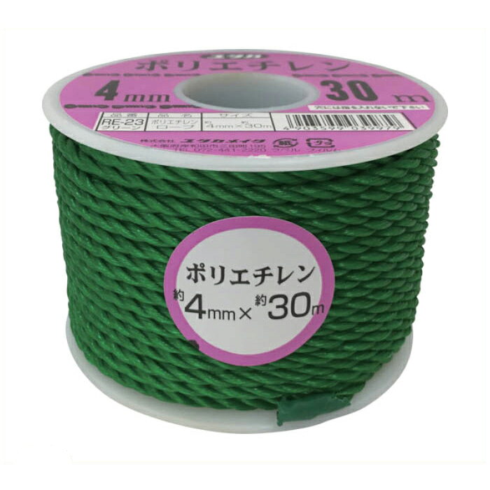 [特長]：■軽量で水に強く、強力でショックにも強いロープです。[用途]：■ネット、農園芸、インテリアなど。[仕様]：■色：緑■線径（mm）：4■長さ（m）：30■包装形態：ボビン巻[材質_仕上]：■ポリエチレン（PE）[サイズ]:107 x...