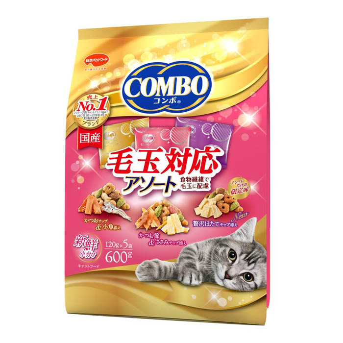 [特長]:■おいしく味わい食物繊維で毛玉スッキリ3種アソート。[原材料]:■かつお節&ささみチップ添え:穀類(トウモロコシ、コーングルテンミール、小麦粉、パン粉)、肉類(チキンミール、牛肉粉、豚肉粉)、魚介類(フィッシュミール、カツオブシ、...