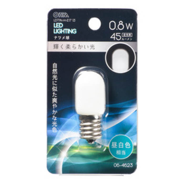 [特　長]：■ LED電球 ナツメ球形 装飾用■ 自然光に似た爽やかな光色■ 切れにくく長寿命■ 消費電力が少なく、電気代が安い■ 一般電球と比べ発熱が少ない■ 昼白色相当■ 口金はE17[仕　様]：■ 寸法：全長48×最大径20mm■ 質...