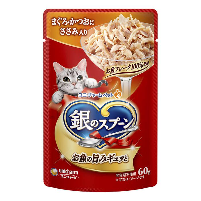 [特長]：たっぷりの身とうまみで抜群のおいしさを実現ねこげ大好きなやわらかゼリータイプ味の種類は人気の高い4フレーバー[原材料]：魚介類（かつお、まぐろ、フィッシュエキス）、ささみ、調味料、増粘多糖類[栄養成分表示]：タンパク質9.0％以上...