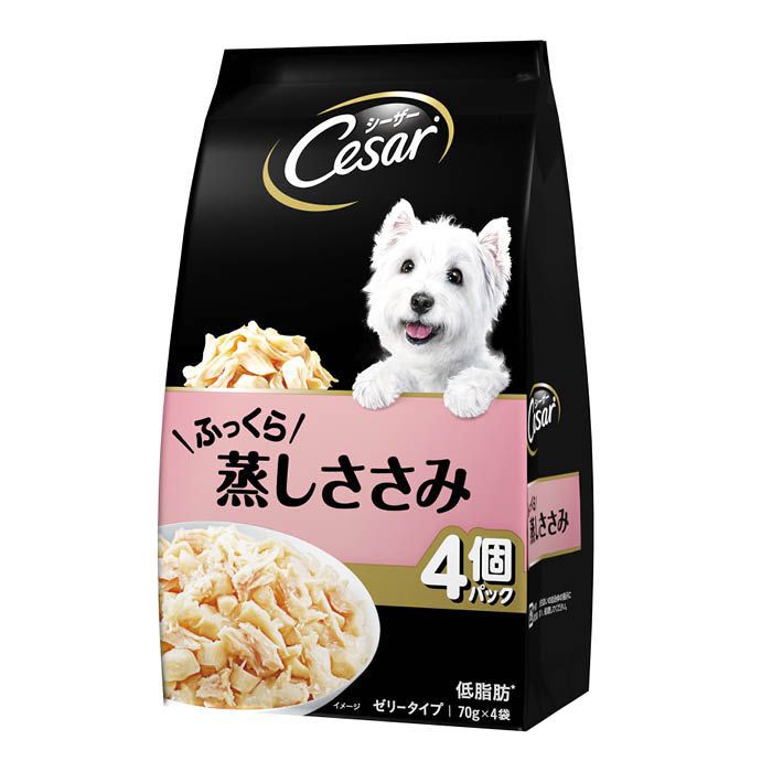[特長]：■低脂肪なささみをふっくら蒸して、低カロリー*に仕上げました。厳選されたささみを丁寧に調理して、素材のおいしさをそのまま閉じ込めました。*シーザートレイ 成犬 絹ささみ比 100gあたり15kcal減[原材料]：■肉類（鶏肉、ささ...