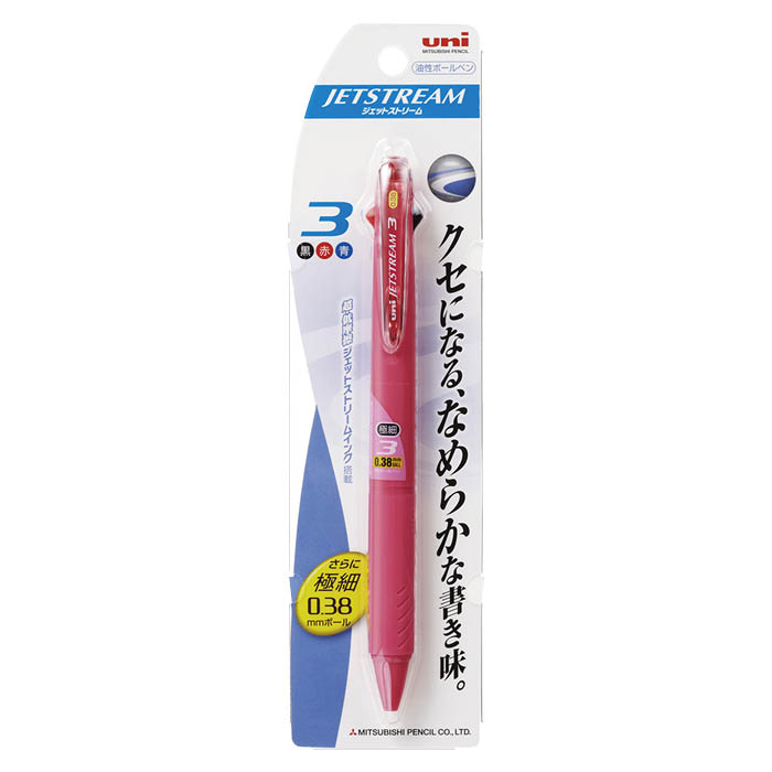 [特長]:■超・低摩擦ジェットストリームインク搭載!■1本に3色を搭載[仕様]:■型番:SXE3-400-38/パッケージ入り■軸色:ローズピンク■インク:黒、赤、青■ボール径:0.38mm