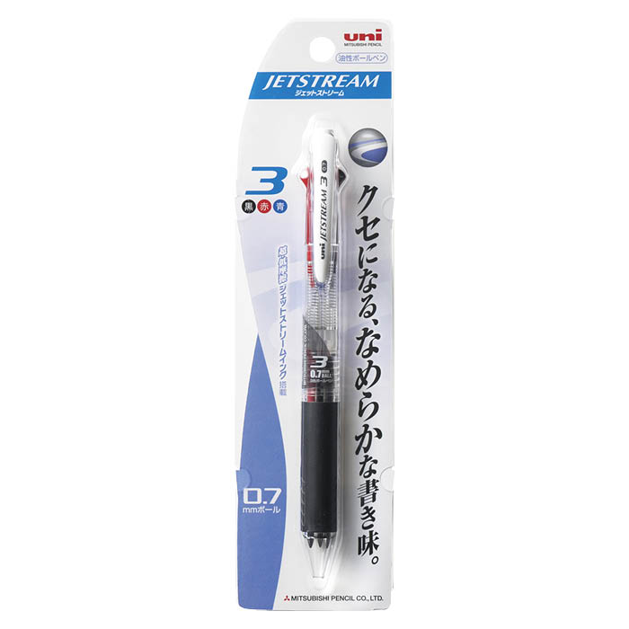 [特長]:■超・低摩擦ジェットストリームインク搭載!■1本に3色を搭載[仕様]:■型番:SXE3-400-07/パッケージ入り■軸色:透明■インク:黒、赤、青■ボール径:0.7mm