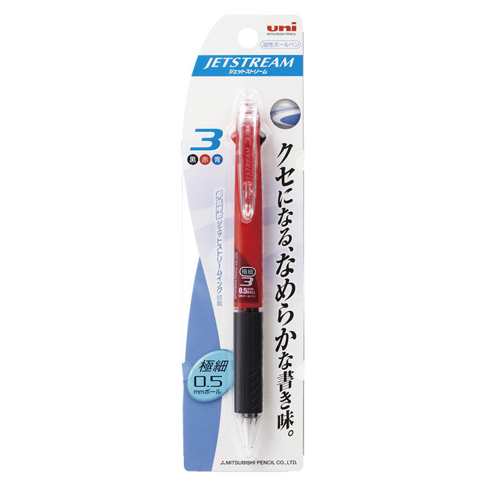 [特長]:■超・低摩擦ジェットストリームインク搭載!■1本に3色を搭載[仕様]:■型番:SXE3-400-05/パッケージ入り■軸色:赤■インク:黒、赤、青■ボール径:0.5mm
