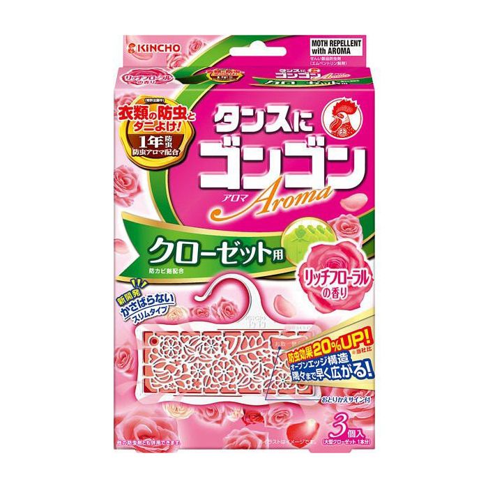 [特長]：■優雅な香りがずっと続いて、しっかり防虫。■ダニよけ効果をプラスした衣類用防虫剤です。■防虫アロマと防虫成分のW効果で、1年防虫。■毛皮、金糸・銀糸・ラメ加工・皮革製品等にも使用できます。■他の防虫剤と併用しても差しつかえありませ...