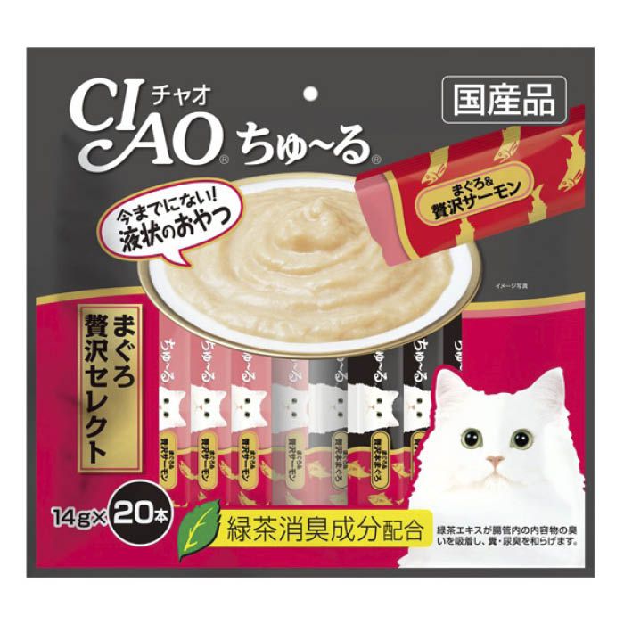 [特長]：水分たっぷりで水分補給にもつながります[原材料]：まぐろ＆贅沢サーモン】まぐろ、サーモン、鮭エキス、タンパク加水分解物、糖類（オリゴ糖等）、植物性油脂、増粘剤（加工でん粉）、ミネラル類、増粘多糖類、調味料（アミノ酸等）、ビタミンE...
