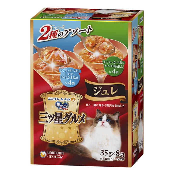 [特長]：具と一緒に味わう贅沢な美味しさお魚の旨みがたっぷりなとろけるジュレが、お魚の身とからんで一緒に食べやすく、贅沢なおいしさを実現8袋入り2種のアソートタイプ[原産国]：タイ[原材料]：まぐろかつおにしらすかにかま添え／魚介類（かつお...