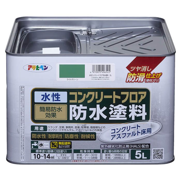 [仕様]：■下地への密着がよく、ケイ砂の配合により耐摩耗性・防塵性に優れ、防滑効果があります。■特殊架橋システム及びHALS(紫外線劣化防止剤)により、耐水性・耐防汚性・耐候性に優れています。■簡易防水効果があります。[用途]：■ベランダ、...