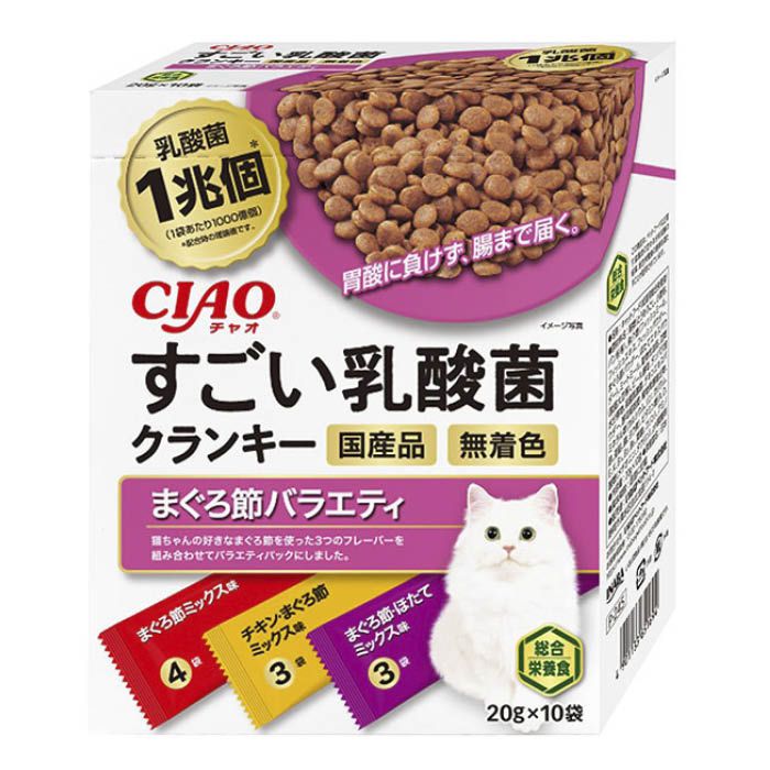 [特長]：20gの個袋が10袋[原材料]：穀類（とうもろこし、小麦粉、パン粉等）、魚介類（フィッシュミール、フィッシュエキス、フィッシュパウダー、まぐろ節パウダー、ほたてエキスパウダー）、ミートミール、動物性油脂、豆類（脱脂大豆等）、ビール...