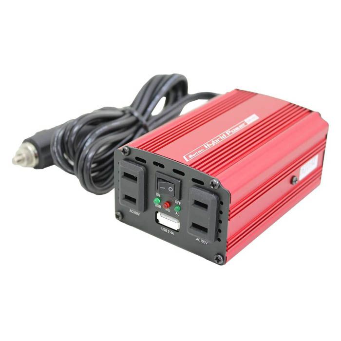 [仕様]：■本体サイズ：約70（W）×47（H）×111（D）mm 重さ：360g■入力電圧：DC24V■出力電圧：AC100V（ACコンセント×2口）■定格出力：120W■最大瞬間出力：150W■USBポート／出力：1口／2.4A■電源コ...