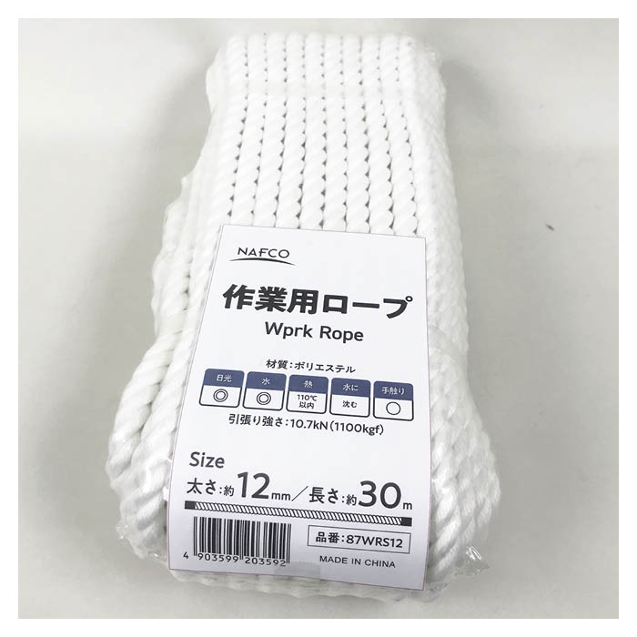[仕様]■耐候性：◎■耐水性：◎　■耐薬品性：◎　■耐熱性：110度以内■水に「沈む」■引張り強さ：10.7KN（1100kgf）■材質：ポリエステル■サイズ：（約）太さ12mm×長さ30m