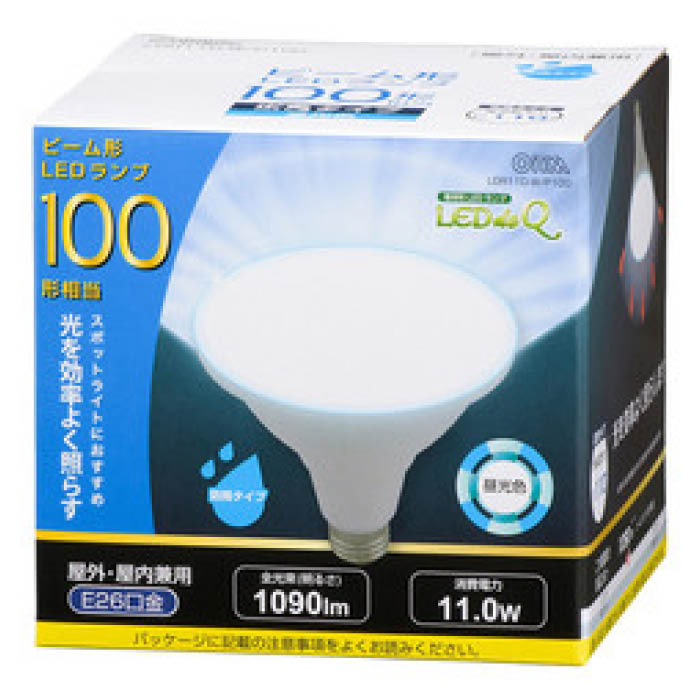 【 特 長 】:■ スポットライトにおすすめ■ 100形相当の明るさ■ 光の広がり約110°の広角タイプ■ 防雨タイプ■ 昼光色■ 口金：E26【 仕 様 】:■ 寸法：全長128mm、最大径126mm■ 質量：139g■ 定格消費電力：1...