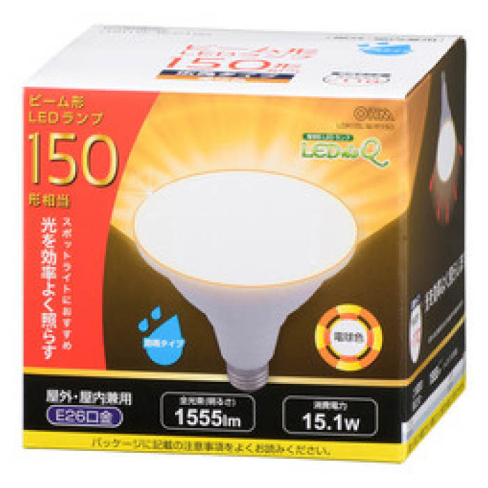【 特 長 】:■ スポットライトにおすすめ■ 150形相当の明るさ■ 光の広がり約110°の広角タイプ■ 防雨タイプ■ 電球色■ 口金：E26【 仕 様 】:■ 寸法：全長128mm、最大径126mm■ 質量：140g■ 定格消費電力：1...
