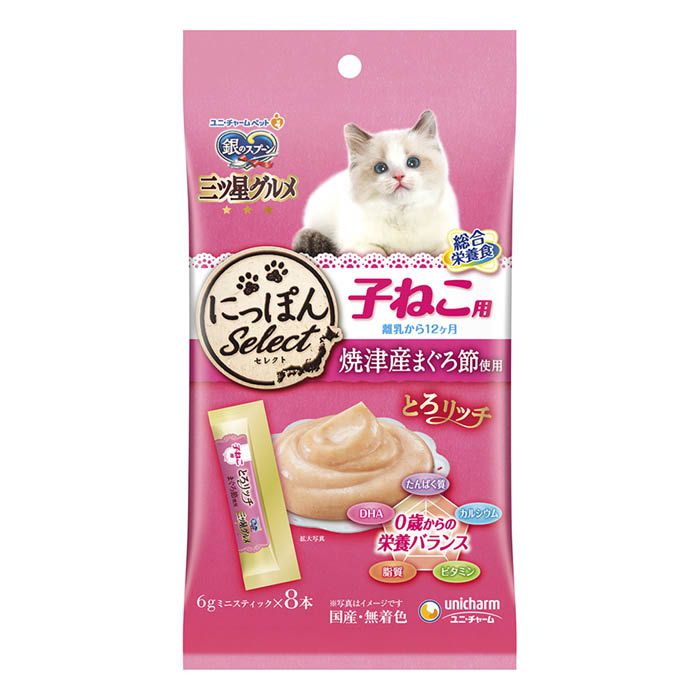 [特徴]:■焼津産まぐろ節使用の上質な美味しさのとろーりウェットタイプの食べきりおやつです。■無着色■幼猫用総合栄養食[原材料]：肉類（鶏胸肉）、魚介類（まぐろ、まぐろ節）、大豆油、調味料、増粘多糖類、ミネラル類（Ca、Cl、Co、Cu、F...
