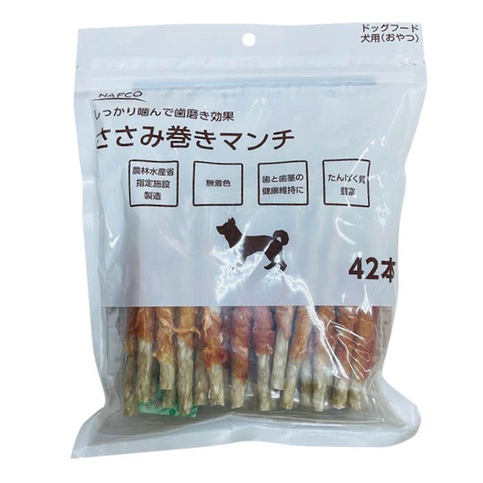 [特徴]：しっかり噛んで歯磨き効果。牛皮マンチ棒にヘルシーな鶏ささみを巻きつけました。しっかり噛むことにより歯と歯茎の健康維持にも役たちます。[原材料]：牛皮、鶏ささみ、もち米、増粘安定剤（グリセリン）、コーンスターチ、保存料（ソルビン酸K...