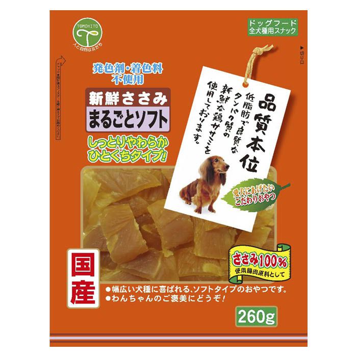 [特徴]：1本姿造りのササミを3cm幅程度にカットしました大型犬にはそのまま、小型犬にはお好みにカットして使えます。たべやすいやわらか仕上げです。[原材料]：鶏肉（ササミ）、グリセリン、プロピレングリコール、酸化防止剤（亜硫酸Na）[成分]...