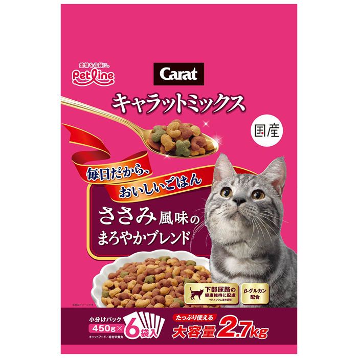 [特長]：_ささみ味をベースに愛猫の大好きな味をミックス、βグルカン・グルコサミン・ハーブを配合。_猫の下部尿路の健康維持に配慮してマグネシウムを調整。[原材料]：_穀類（とうもろこし、小麦粉、コーングルテンミール、等）、肉類（ミートミール...