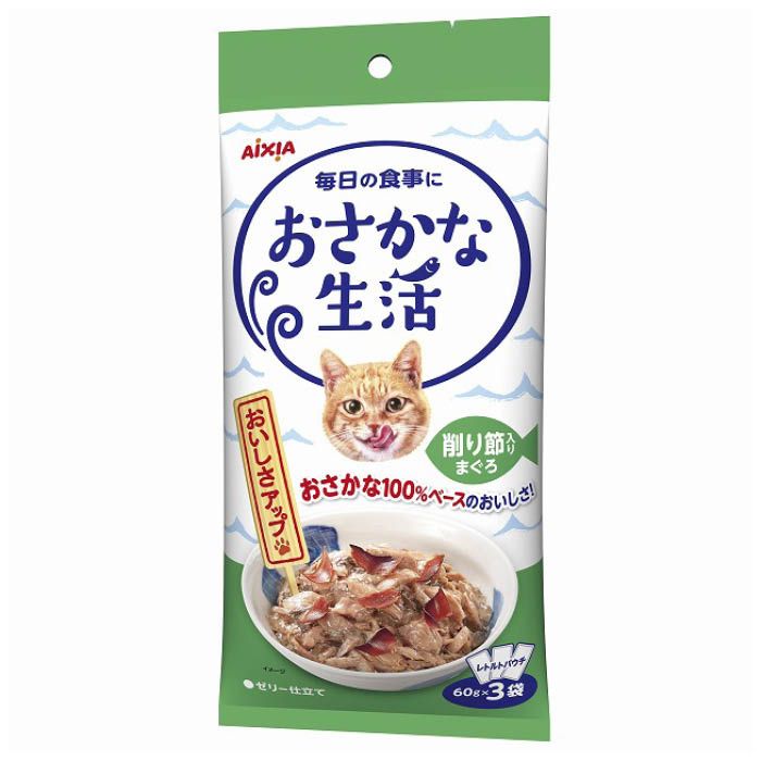 [特徴]：■ベース素材はまじりっけなしのおさかな100%。■おさかなのおいしさをとじこめたゼリー仕立てで、腸内の善玉菌を増やすオリゴ糖を配合。■3袋入り。[原材料]：_魚介類(カツオ、マグロ、削り節)、オリゴ糖、増粘多糖類、調味料、ビタミン...