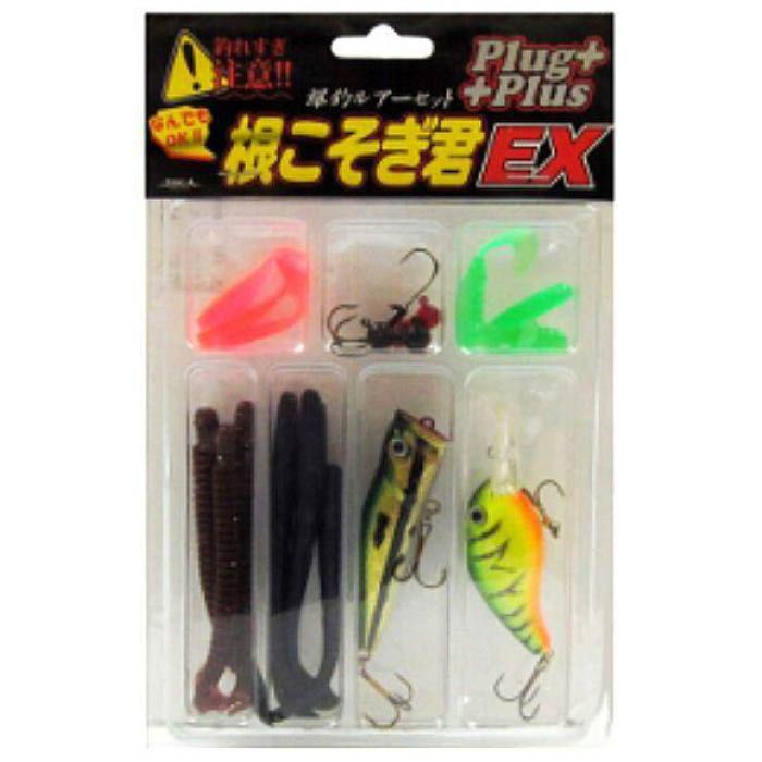セット内容ポッパー3/8oz×1、クランク3/8oz×1、カットテール4インチ×4、カーリーテール4インチ×3、ジグヘッド2g×4、シャッドテール1.5インチ×3、ミニカーリーテール1.5インチ×3