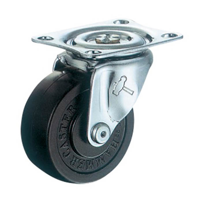 車輪：ゴム。[仕様]:■車輪サイズ　32mm■耐荷重　12kg■取付高　42mm■形状　自在■ストッパー　無し■取付穴径　4.2mm[用途]:■車輪がゴムで弾性を持っているため、クッション性を要求される場合には最適。■一般的なキャスターとし...