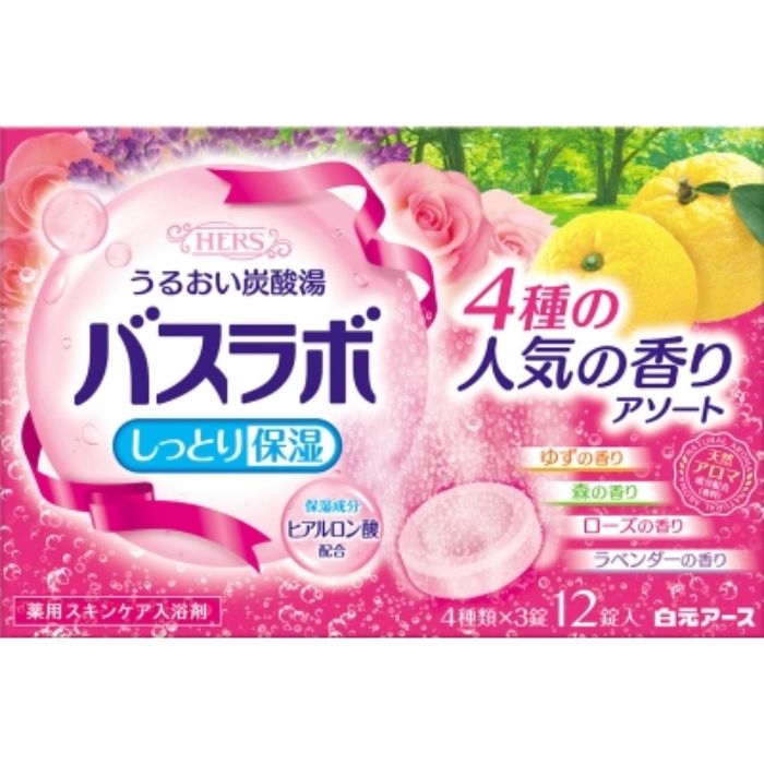 [特長]：■スキンケアタイプの炭酸ガスの薬用入浴剤。なめらかな泡が湯面にただよい、すべすべな肌ざわりに。ヒアルロン酸（保湿成分）配合。4種の人気の香りが楽しめます。『医薬部外品』[内容量]：■12錠