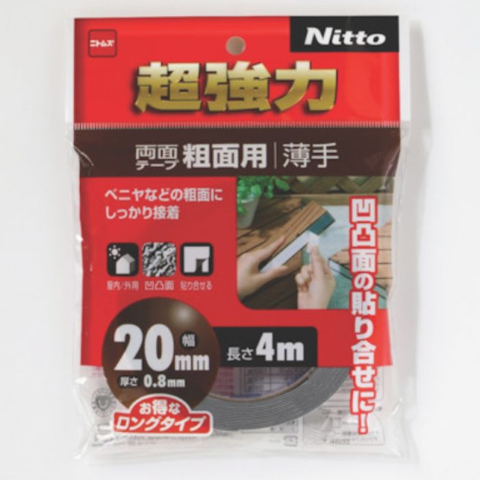 【用途】ベニヤなどの粗面に。【商品スペック】仕様・規格●粘着力：7.28N/10mm●色：グレー●幅（mm）：20●長さ（m）：4●厚さ（mm）：0.8材質●基材：アクリルフォーム●粘着剤：アクリル系質量・質量単位●91g製造国：日本