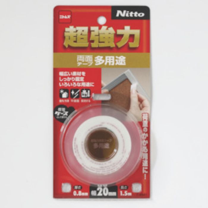 【用途】一般多用途。【商品スペック】仕様・規格●粘着力：24.8N/25mm●色：ホワイト●幅（mm）：20●長さ（m）：1.5●厚さ（mm）：0.8材質●基材：アクリルフォーム●粘着剤：アクリル系質量・質量単位●43g製造国：日本