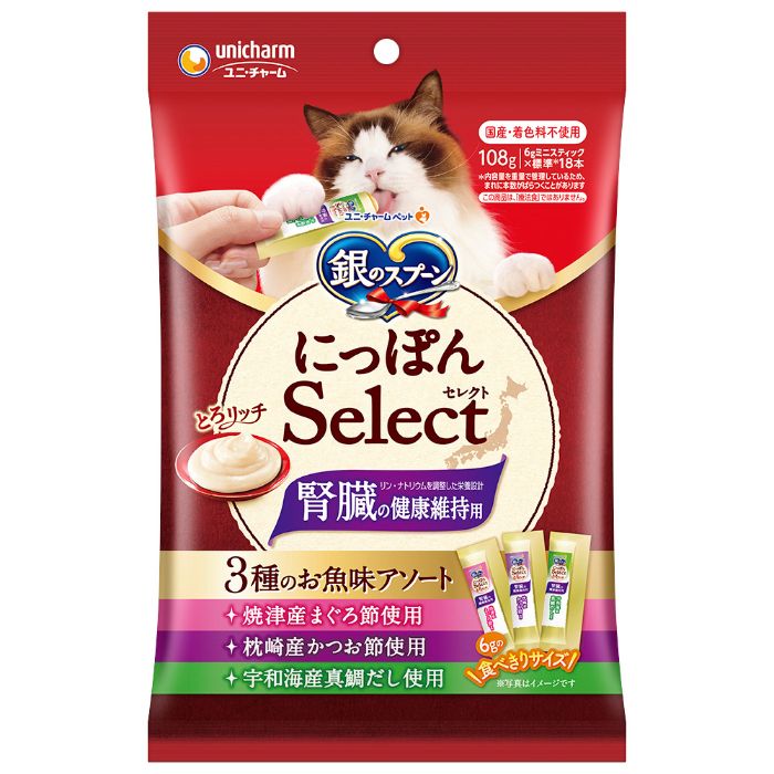 [特長]：■日本各地の「お取り寄せ」素材を使用した、とろーりウェットタイプの上質なおやつ■6gで食べきりサイズ■国産■着色料不使用■腎臓の健康維持に配慮した栄養設計■ひと袋に3種類の味が詰まったアソートタイプ[原材料]：■まぐろ節使用：鶏胸...