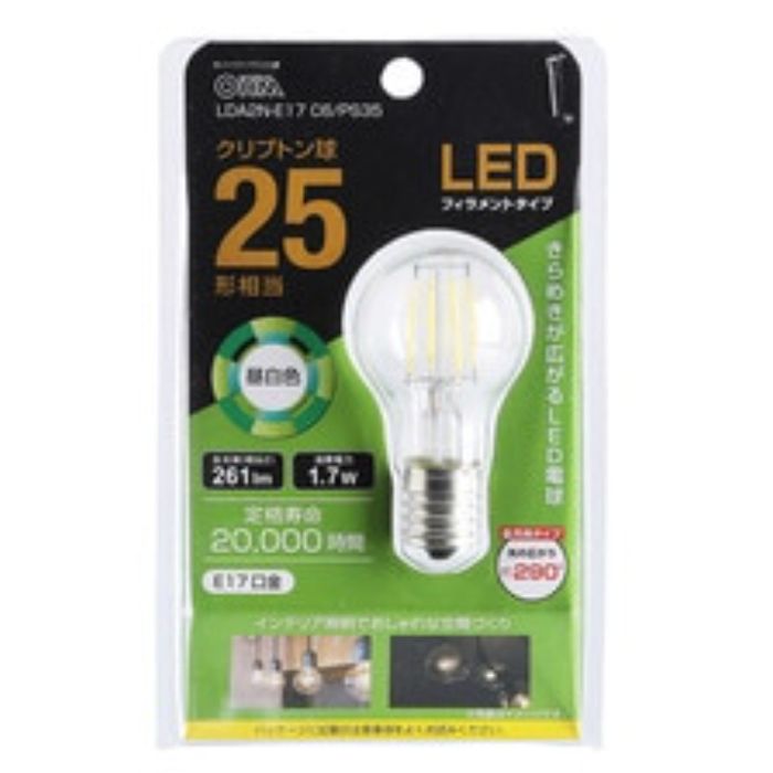 【 特 長 】■ クリプトン球25形相当■ きらめきが広がるLED電球フィラメントタイプ■ 光の広がり約290°全方向タイプ■ E17口金■ 昼白色【 仕 様 】■ 寸法：全長…67mm、最大径…35mm■ 質量：14g■ 定格消費電力：1...